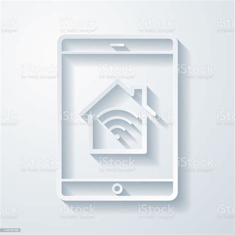 스마트 홈이있는 태블릿 Pc 빈 배경에 종이 잘라내기 효과가 있는 아이콘 0명에 대한 스톡 벡터 아트 및 기타 이미지 0명