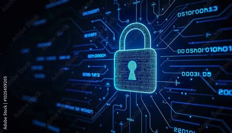 a futuristic digital backdrop with a glowing shield and binary code
