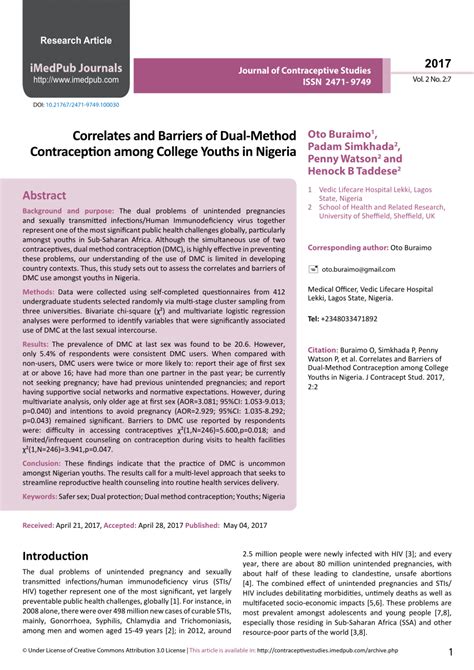 PDF Correlates And Barriers Of Dual Method Contraception Among College Youths In Nigeria