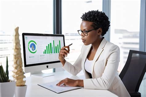 African Businesswoman Using Analytics Data Kpi Dashboard Tech Premium Ai Generated Image