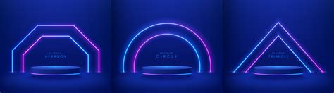 진한 파란색 실린더 연단이 있는 3d 배경 세트 파란색 빨간색 네온 불빛은 육각형 원 및 삼각형 모양입니다 추상 최소 벽 장면 모형 제품 디스플레이 기하학적 플랫폼 무대