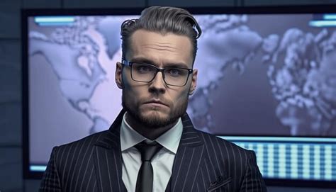 Premium Ai Image A Man In A Suit With Glasses Stands In Front Of A Computer Screen