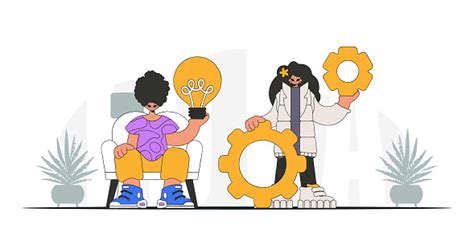 매력적인 팀은 아이디어를 생성하고 문제를 해결합니다 전구와 기어를 손에 들고 있습니다 아이디어 개념입니다 트렌디 한 캐릭터 0명에 대한 스톡 벡터 아트 및 기타 이미지