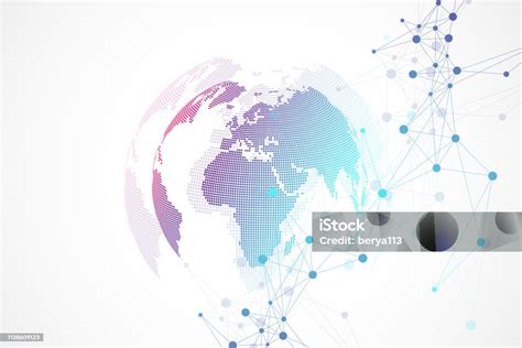 연결 된 선과 점으로 기하학적 추상적인 배경입니다 프레젠테이션을 위한 네트워크 및 연결 배경입니다 그래픽 다각형 배경입니다 과학적인 벡터 일러스트입니다 행성에 대한 스톡