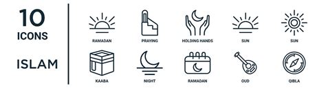 Islam 윤곽선 아이콘 세트는 얇은 선 라마단 손을 잡고 태양 밤 Oud Qibla 보고서 프리젠 테이션 다이어그램 웹 디자인을위한 Kaaba 아이콘을 포함합니다 음악에