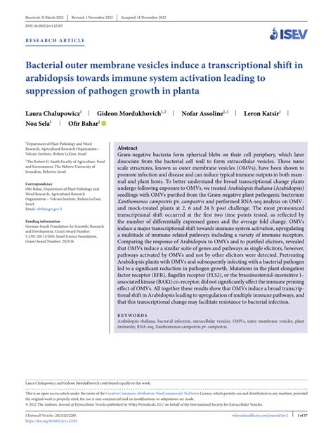 Pdf Bacterial Outer Membrane Vesicles Induce A Transcriptional Shift In Arabidopsis Towards