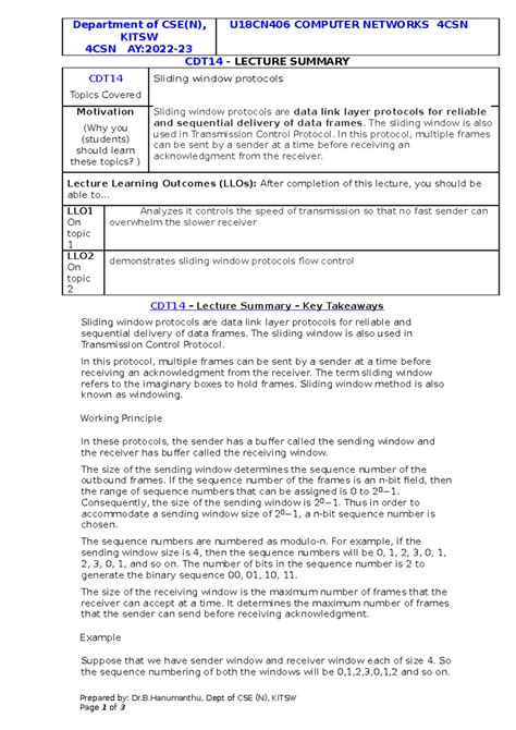 Cn Cdt14 Sliding Window Protocols Department Of Csen Kitsw 4csn