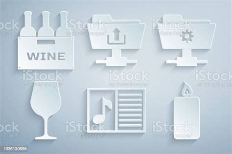 노트 Ftp 설정 폴더 와인 유리 불타는 촛불 업로드 및 와인 상자 아이콘의 병으로 음악 책을 설정합니다 벡터 3차원 형태에 대한 스톡 벡터 아트 및 기타 이미지 Istock