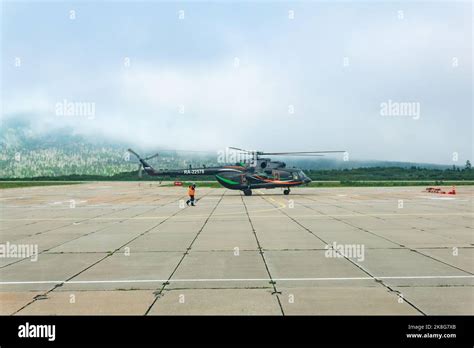 yuzhno kurilsk russia august 03 2022 helicopter at the airport of