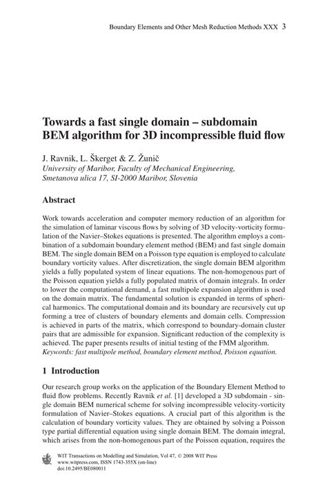 Pdf Towards A Fast Single Domain Subdomain Bem Algorithm For 3d Incompressible Fluid Flow