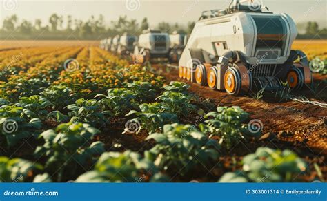 Autonomous Robots Maintaining Modern Field For Efficient Plant Growth Stock Illustration