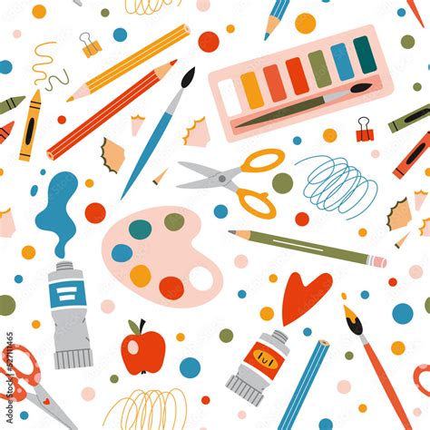 Seamless Pattern With Art Supplies Stationery On A White Background Cartoon Style Back To