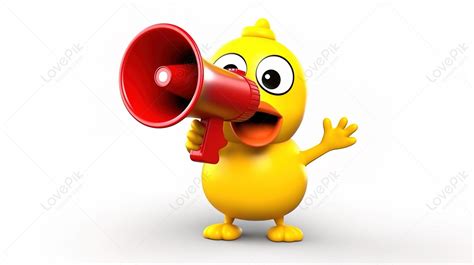 흰색 배경에 빈티지 빨간색 메가폰이 있는 귀여운 3d 노란색 오리 만화 마스코트 흰색 배경에 빈티지 빨간색 메가폰이 있는