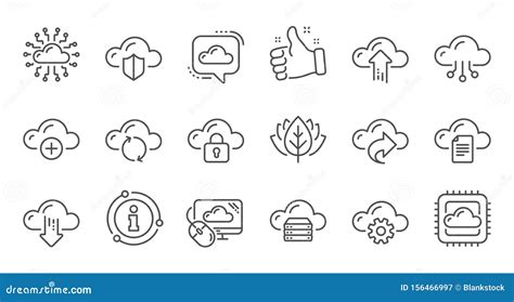 cloud data and technology icons hosting computing data and file storage linear icon set