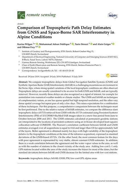 Pdf Comparison Of Tropospheric Path Delay Estimates From Gnss And