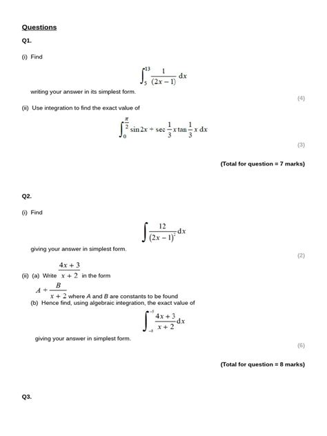 Edexcel A Level Maths Integration Questions Pdf Integral Equations
