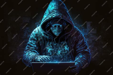 premium ai image hooded cybercriminal hacker using laptop to hack