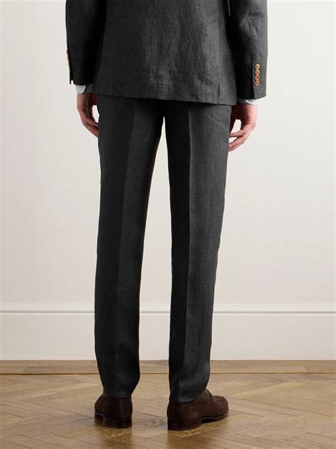 Brunello Cucinelli Straight Leg Pleated Linen Suit Trousers Gray