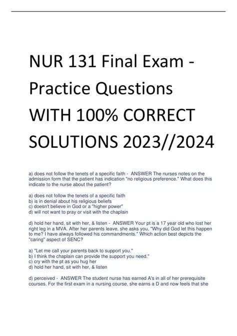 Nur 131 Final Exam Practice Questions With 100 Correct Solutions 2023 2024 Nur 131 Stuvia Us