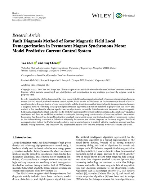 Pdf Fault Diagnosis Method Of Rotor Magnetic Field Local Demagnetization In Permanent Magnet