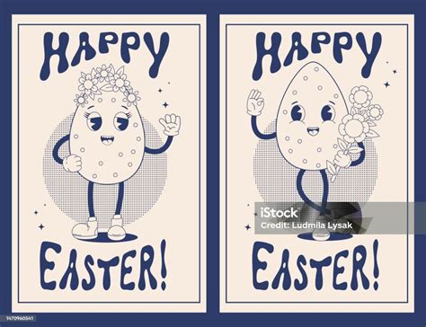 행복한 부활절 포스터 컬렉션입니다 복고풍 트렌디 한 그루비 만화 캐릭터 꽃과 부활절 달걀 단색 팔레트 현대 빈티지 귀여운 마스코트 벡터 그림입니다 격리 된 수직 엽서