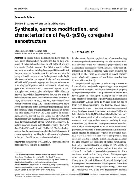 PDF Synthesis Surface Modification And Characterization Of Fe O SiO Core Shell Nanostructure