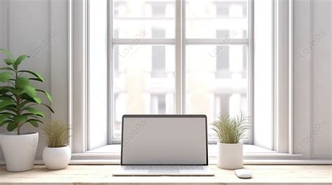 멋진 미니멀리스트 흰색 작업 공간 디자인 노트북 모형 및 창 보기 3d 렌더링 배경 리스 배경 작업 3d 배경 하얀색 배경 이미지 Hd 리스 작업 3d 하얀색