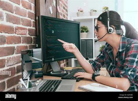 Pretty Beauty Programmer Woman Wearing Headset Microphone Talking With Colleague Discussing
