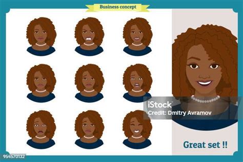 흑인 여성 식의 집합입니다 벡터 일러스트 레이 션 감정 초상화에 고립 감정적인 여자 머리입니다 벡터 얼굴 소녀 아바타 화가 외침