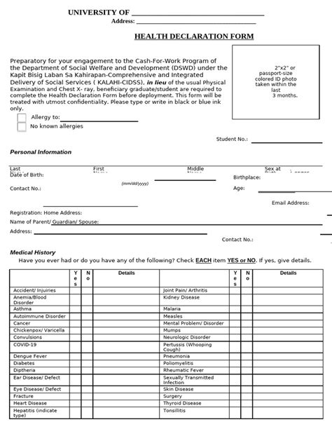 Health Declaration Form Pdf Diseases And Disorders Medicine