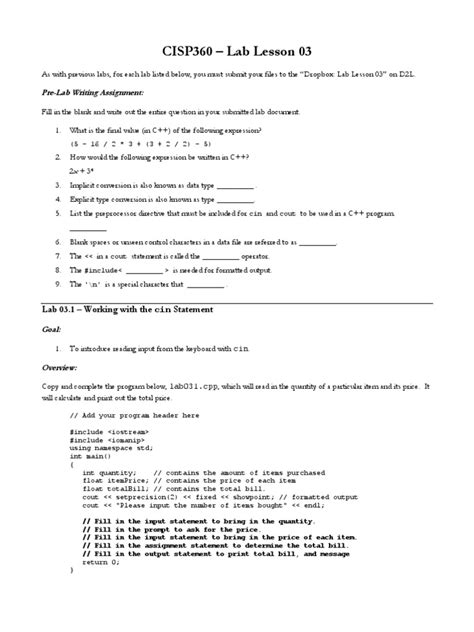 Cisp360 Lab Lesson 03 Pre Lab Writing Assignment Pdf C Data Type