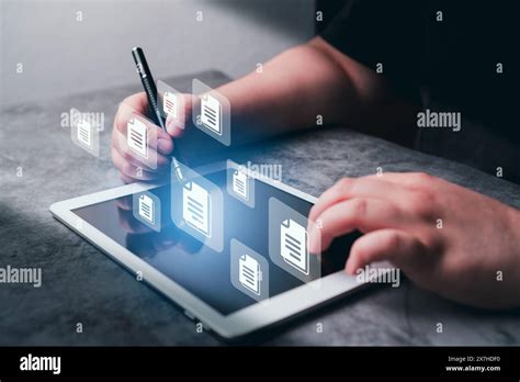 Woman Use Digital Tablet For Online Document Management System Dms