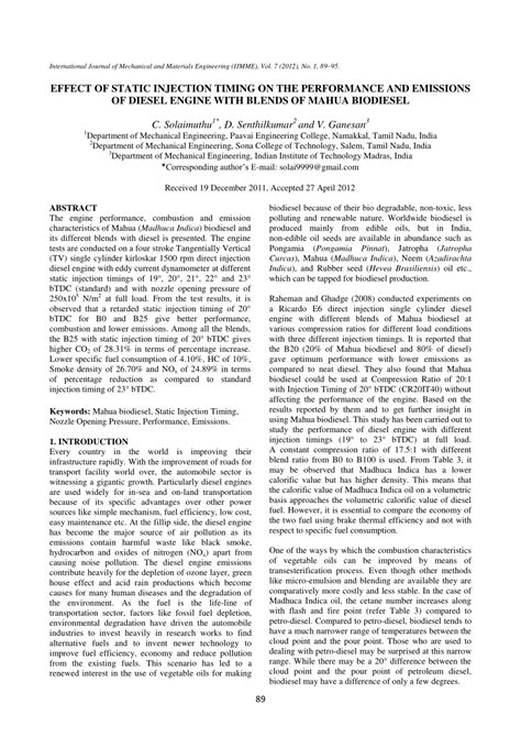 Pdf Effect Of Static Injection Timing On The Performance And Emissions Of Diesel Engine With