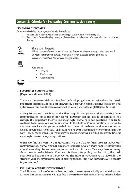 Criteria For Evaluating Communication Theory 14 Lesson 2 Criteria For Evaluating