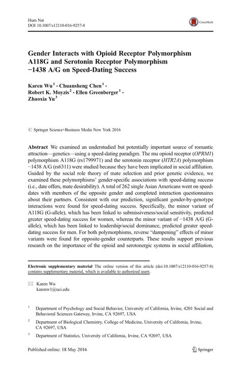 Pdf Gender Interacts With Opioid Receptor Polymorphism A118g And