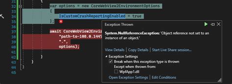 Setting Corewebview2environmentoptionsiscustomcrashreportingenabled Throws System