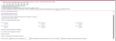 solved x the data shown below for the dependent variable y