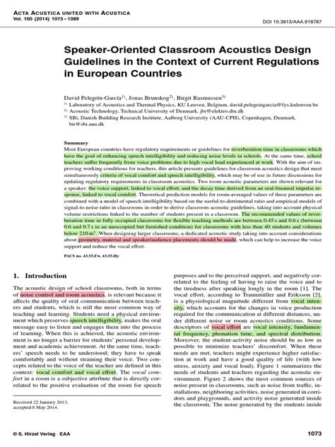 Speaker Oriented Classroom Acoustics Design Guidelines In The Context