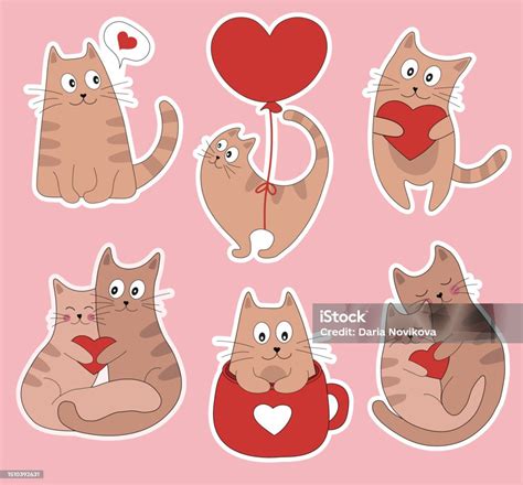 고양이 발렌타인 데이 스티커 팩 세트 사랑에 빠진 귀여운 고양이 커플 마음이 있는 고양이 컵에 든 새끼 고양이 고양이 사랑 풍선에 날아다니는 고양이 벡터 그림 2월에 대한