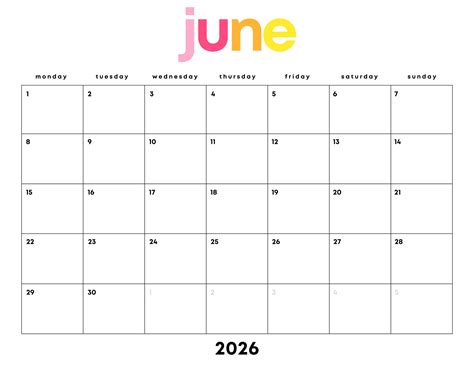 June 2026 Minimalist Calendar Printable Rainbow Pdf Sundaymonday