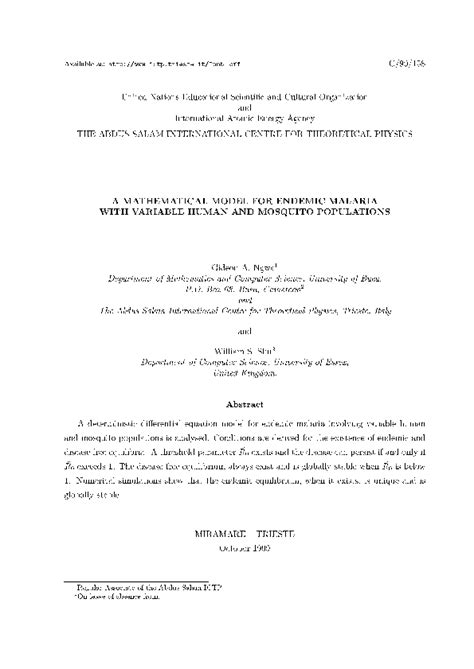 Pdf A Mathematical Model For Endemic Malaria With Variable Human And