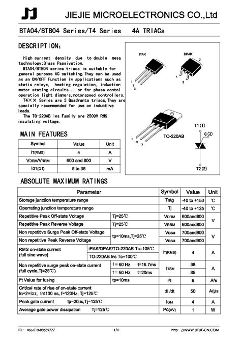 BTB04 datasheet(1/6 Pages) JIEJIE | 4A TRIACs