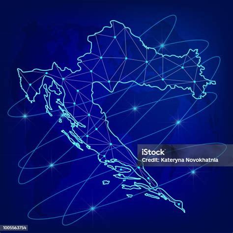 글로벌 물류 네트워크 개념입니다 세계의 바탕에는 크로아티아의 통신 네트워크 지도 지도 크로아티아의 다각형 스타일에서 노드입니다 벡터 그림 Eps10입니다 개념에 대한 스톡