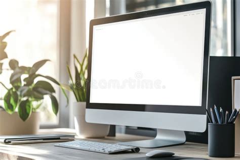 Minimalistic Workspace With A Blank Computer Screen Stock Image Image