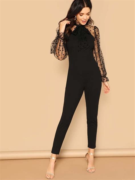 Tie Neck Zip Back Dot Sheer Mesh Jumpsuit Shein Usa Classy Jumpsuit