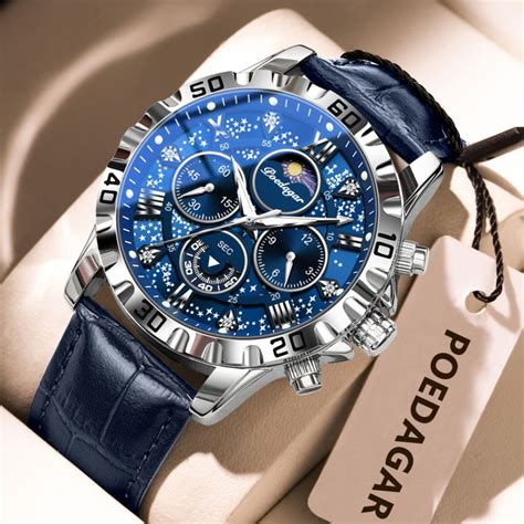 Poedagar Top Original Men Watch Chronograph Waterproof Luminous Leather