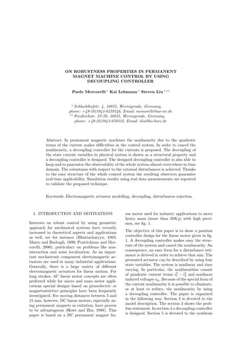 Pdf On Robustness Properties In Permanent Magnet Machine Control By