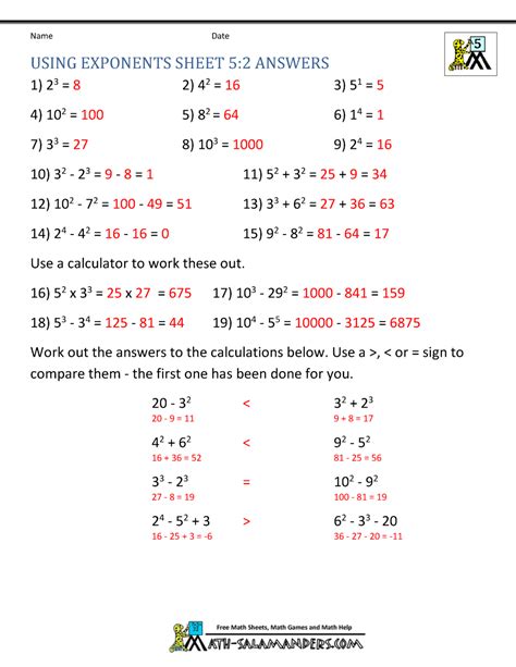 Using Exponents Sheet 2 Answers Algebra Worksheets Math Worksheets