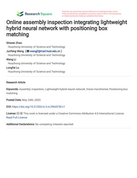 PDF Online Assembly Inspection Integrating Lightweight Hybrid Neural Network With Positioning