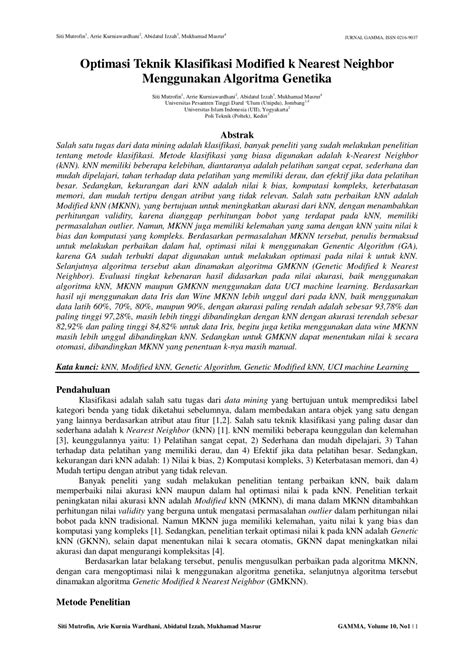 Pdf Optimasi Teknik Klasifikasi Modified K Nearest Neighbor Menggunakan Algoritma Genetika